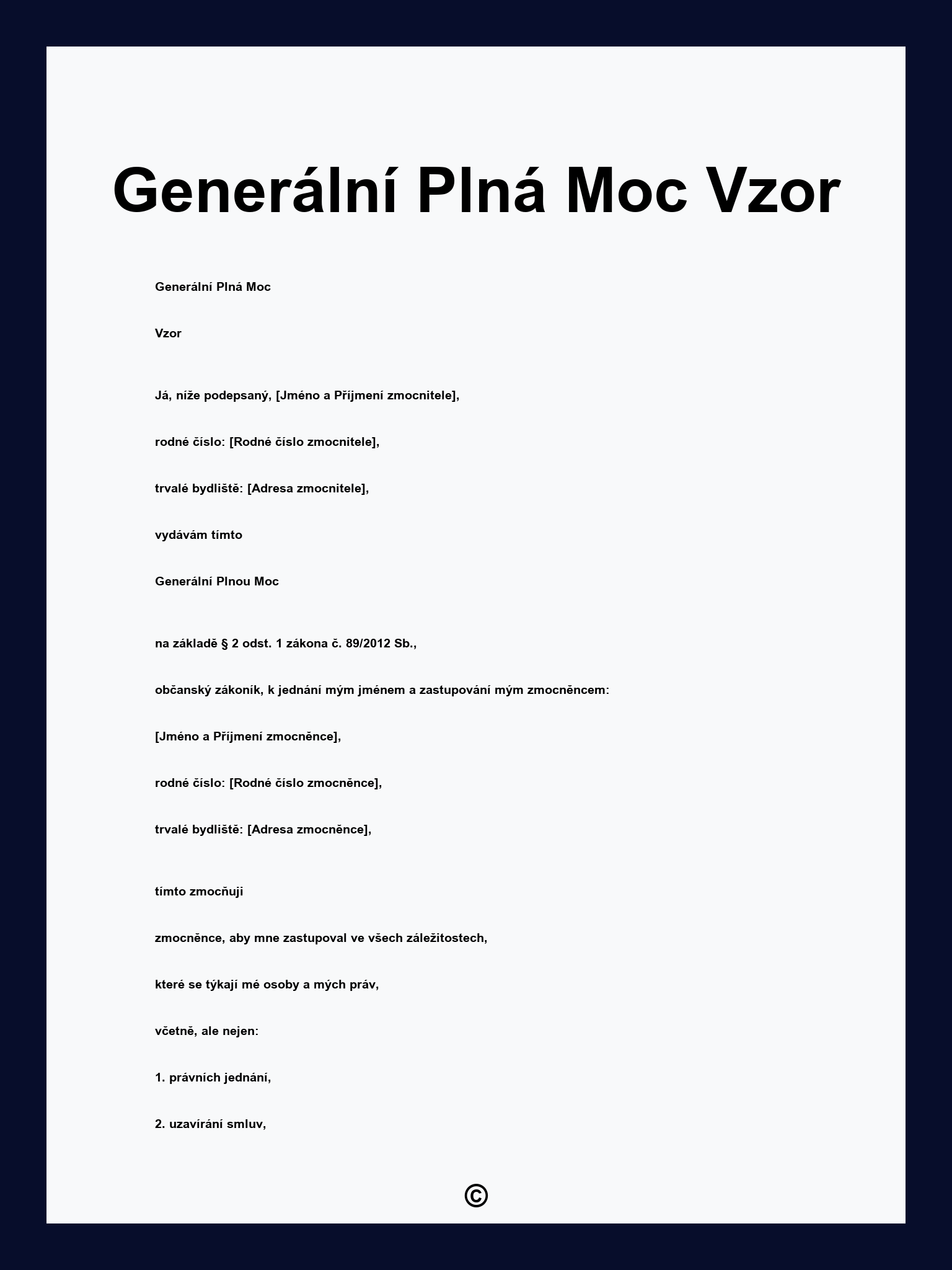 Generální Plná Moc Vzor
