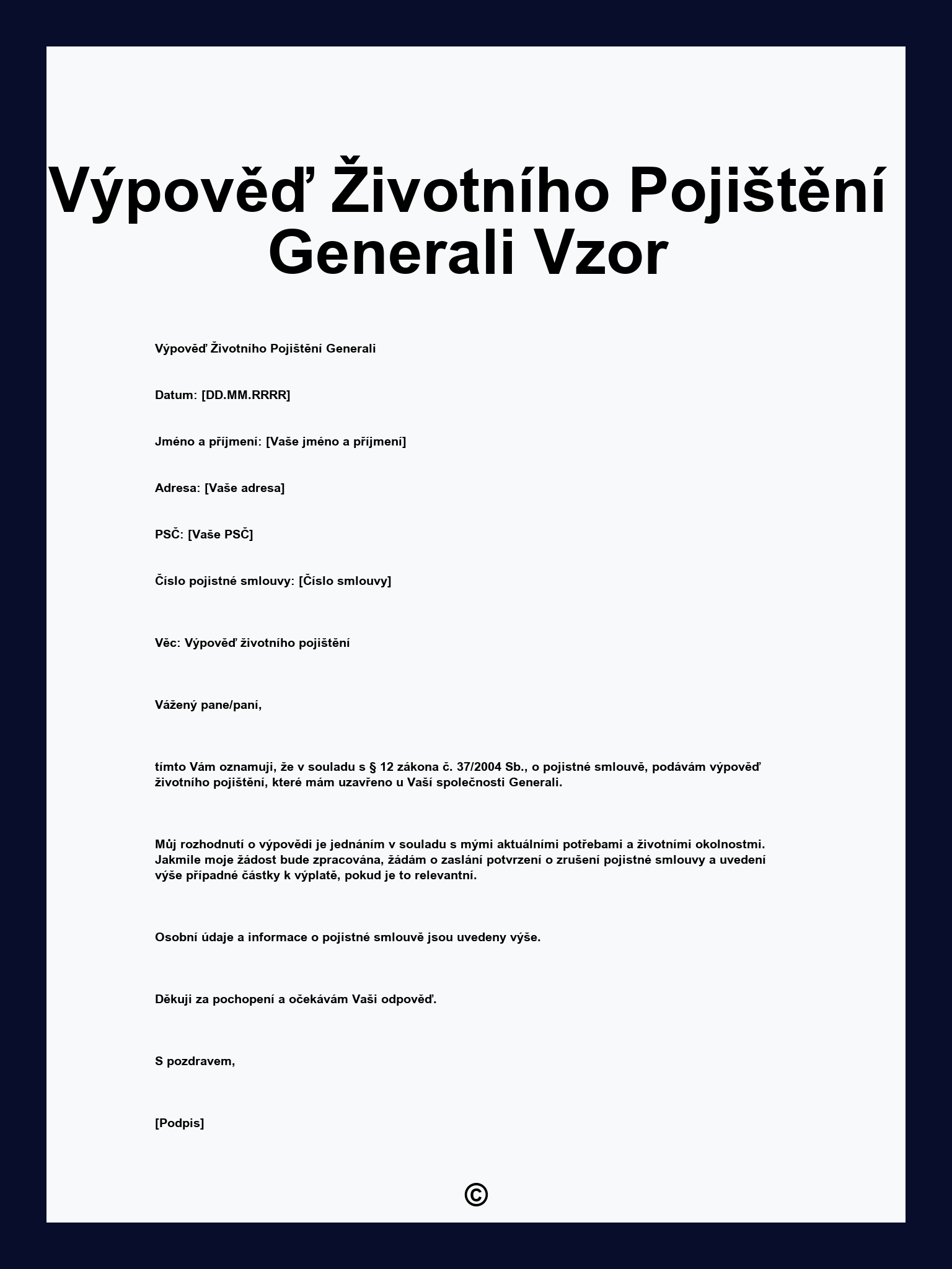 Výpověď Životního Pojištění Generali Vzor